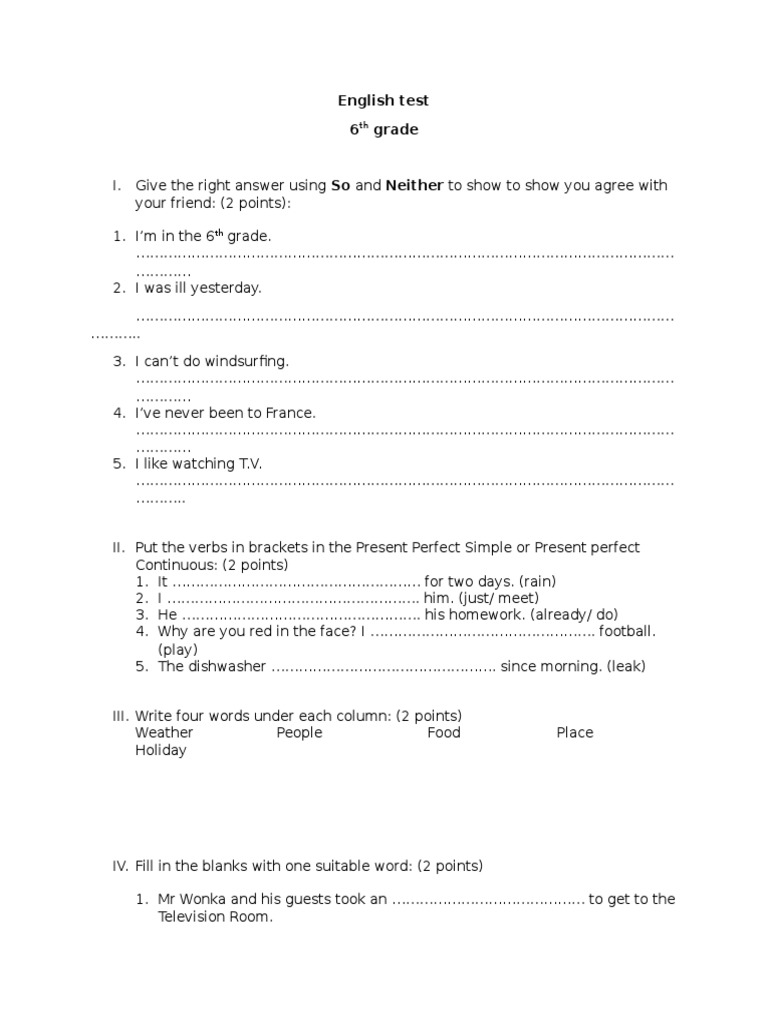 English Test 6th Grade | PDF