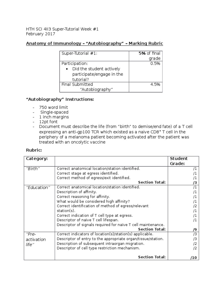 Anatomy Autobiography Rubric 2017 | PDF | T Cell | Lecture