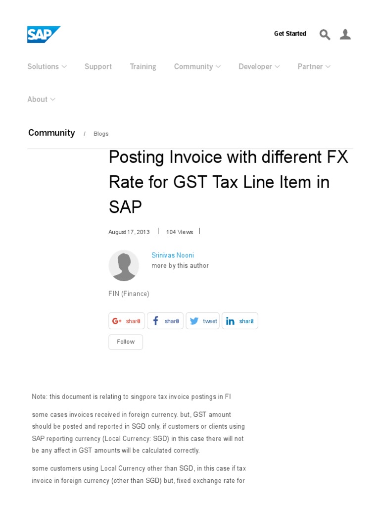 Posting Invoice With Different FX Rate For GST Tax Line Item in SAP ...