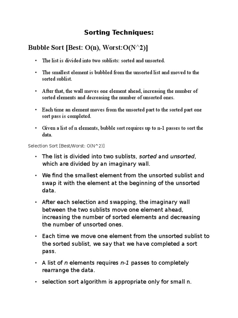 Bubble Sort (Best: O (N), Worst:O (N 2) ) : Sorting Techniques | PDF