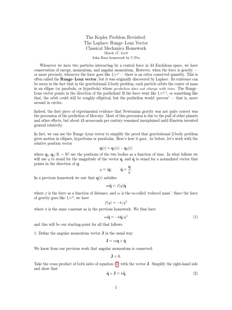Runge Lenz Vector | Download Free PDF | Physics | Force
