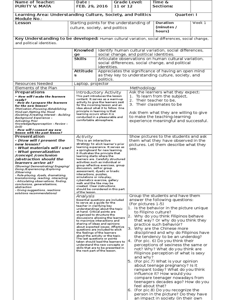 Instructional Plan for Understanding Culture Society and Politics ...