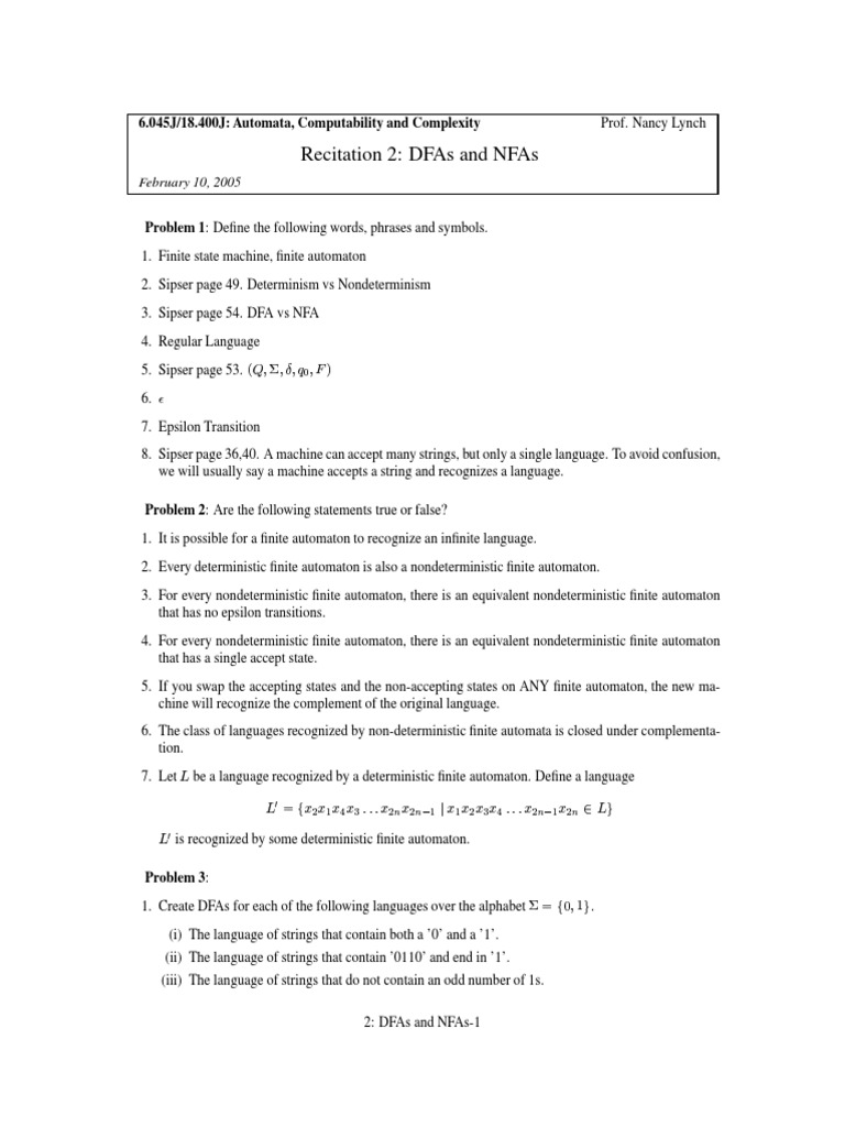Recitation 2: Dfas and Nfas: February 10, 2005 | PDF | String (Computer ...