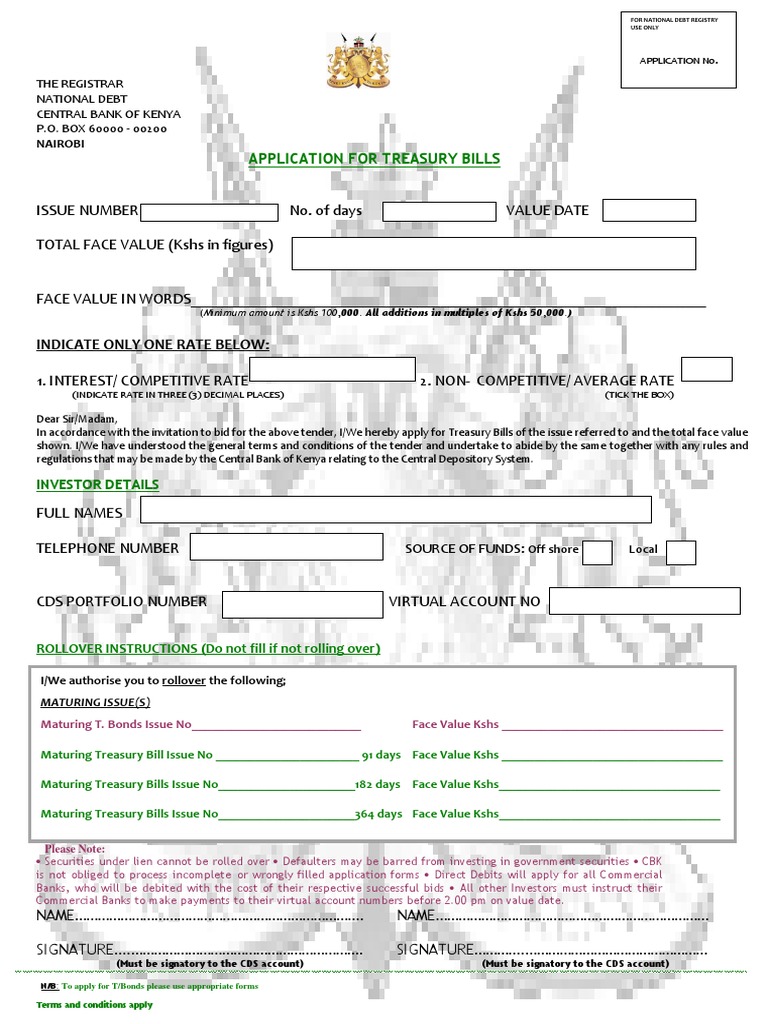 Application For Treasury Bills: Indicate Only One Rate Below | Download ...