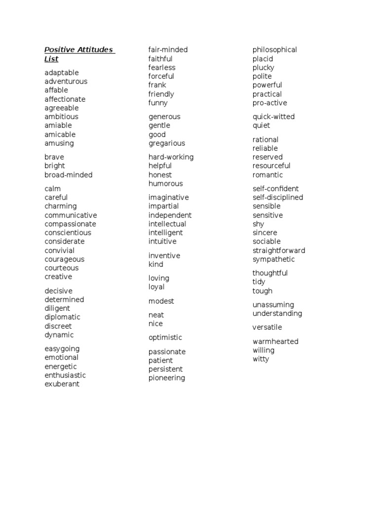 Positive Attitudes List