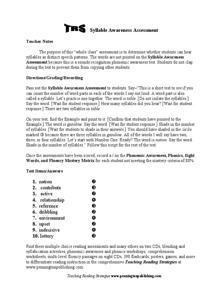 Syllable Awareness Assessment: Teacher Notes | PDF | Phonics ...