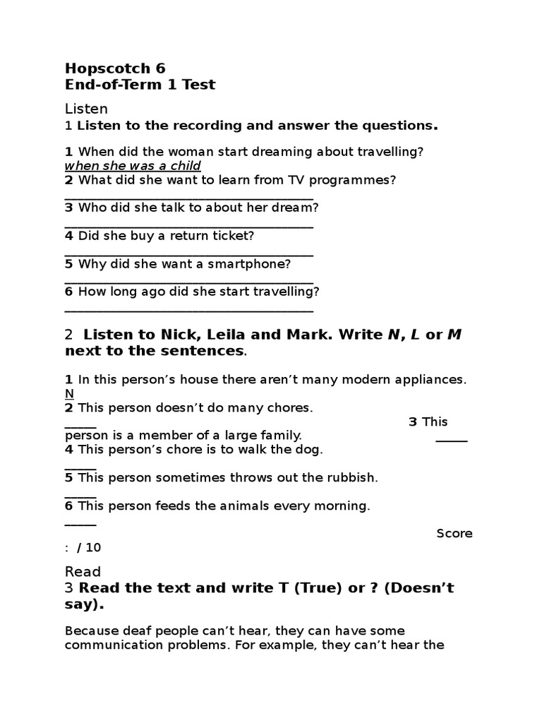 Hopscotch 6 End-Of-Term 1 Test PDF | PDF | Sign Language | Hearing Loss