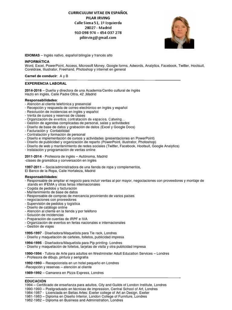 CV Pilar Irving - en Español e Inglés | PDF | Bases de datos | Comunicación