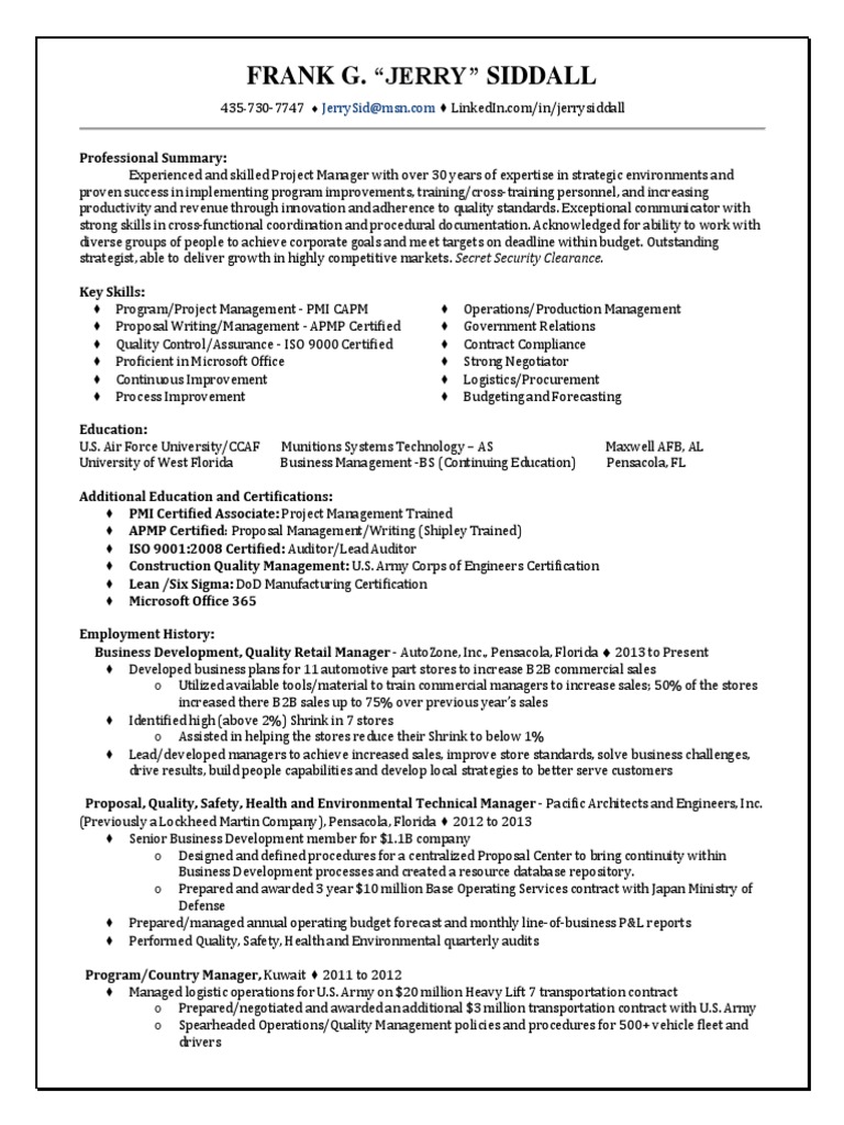 Director Program Project Management in Pensacola FL Resume Frank "Jerry ...