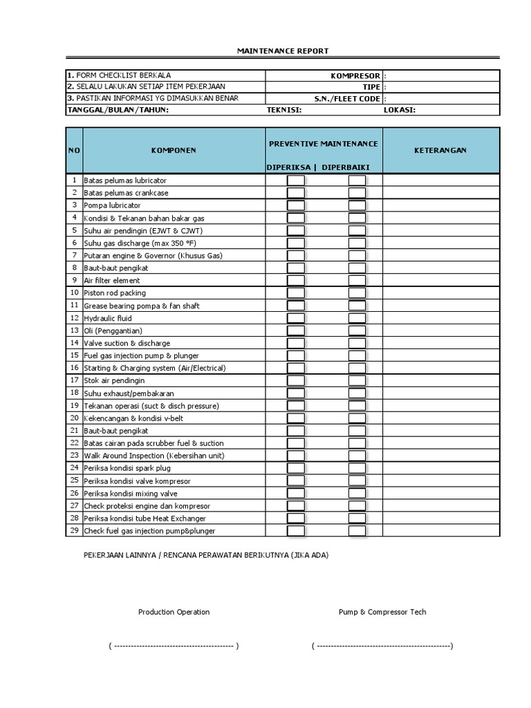 Checklist Perawatan Kompresor Harian | PDF