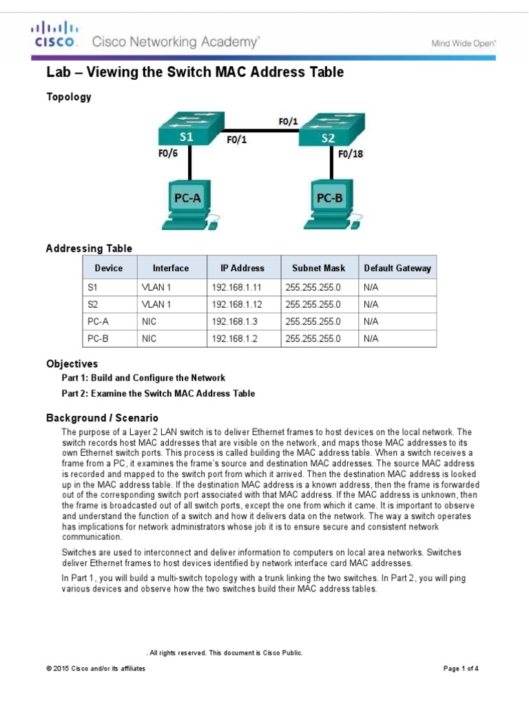 5.2.1.7 Lab - Viewing The Switch MAC Address Table | PDF | Network ...
