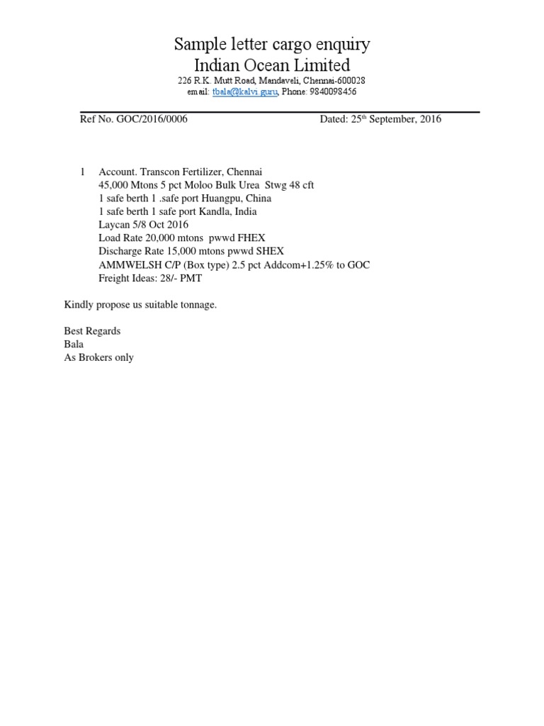 Sample Letter Cargo Enquiry Indian Ocean Limited | PDF | Cargo ...