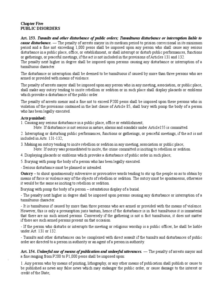 Cause Disturbance. - The Penalty of Arresto Mayor in Its Medium Period ...