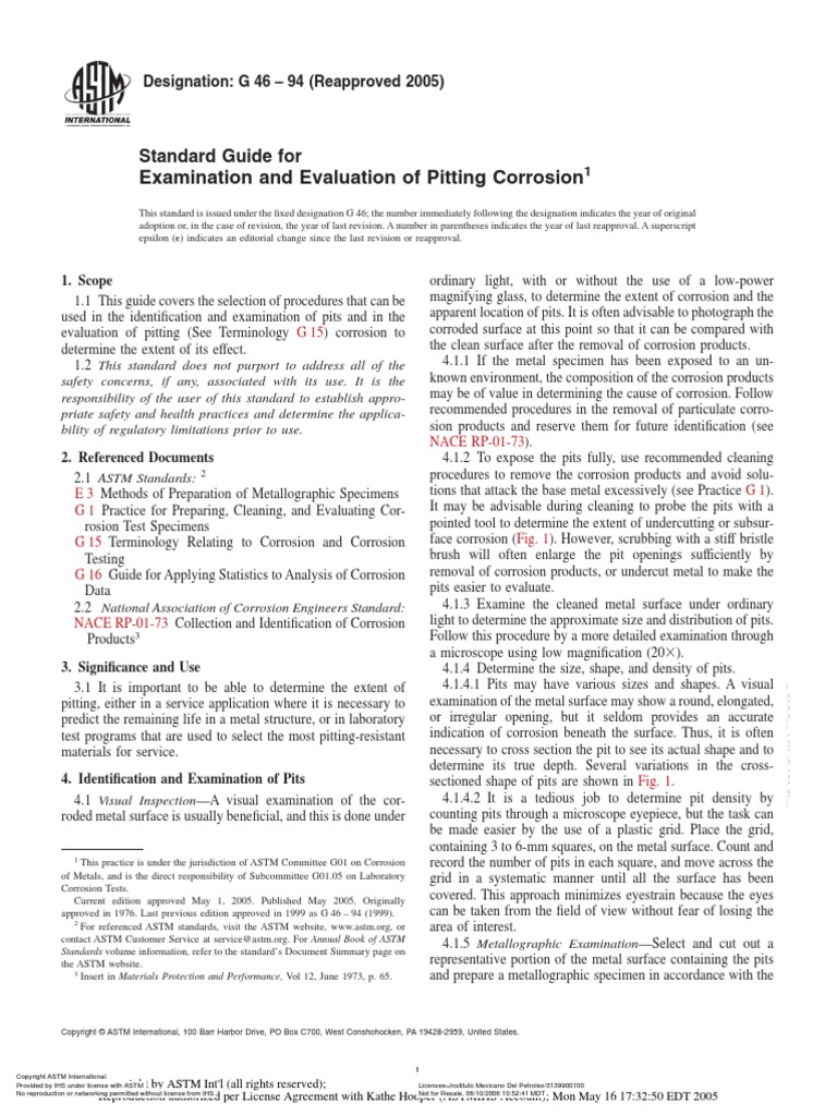 ASTM G46 94 Examination and Evaluation of Pitting PDF | PDF | Corrosion ...