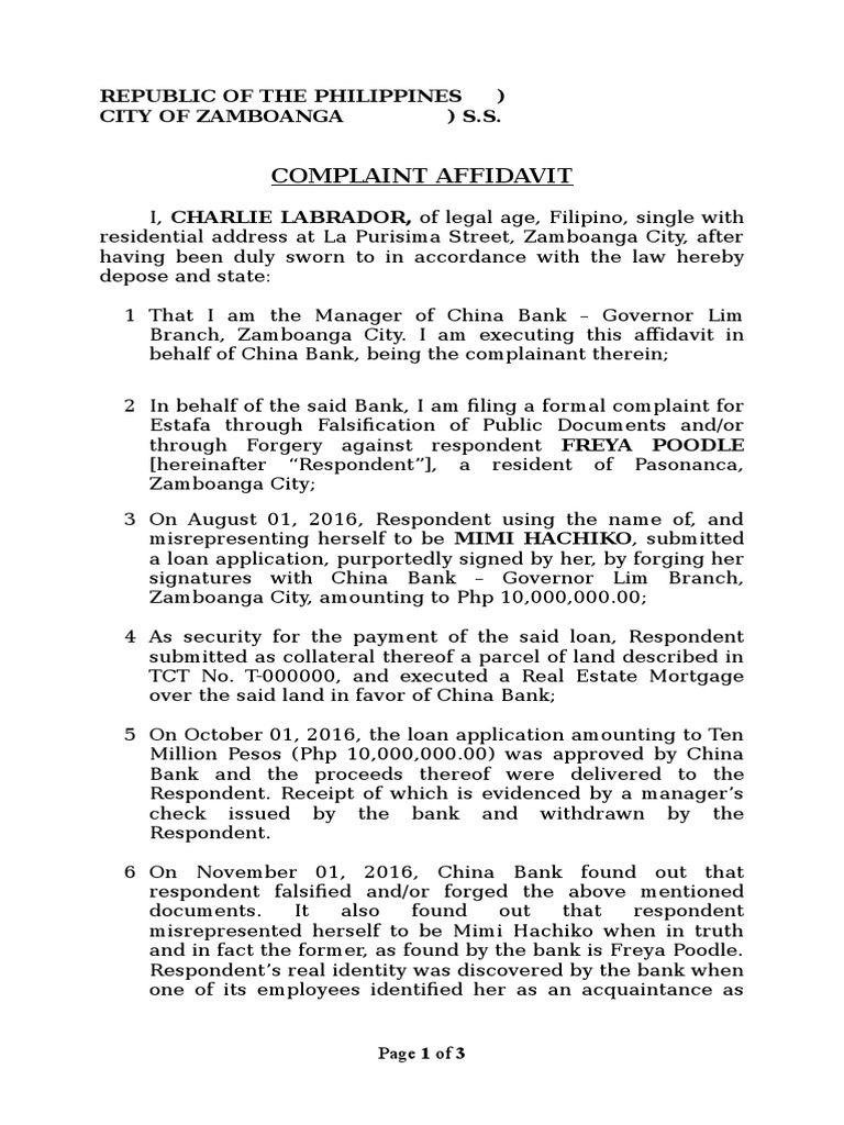Complaint Affidavit: Republic of The Philippines) City of Zamboanga) S.S | PDF | Forgery ...