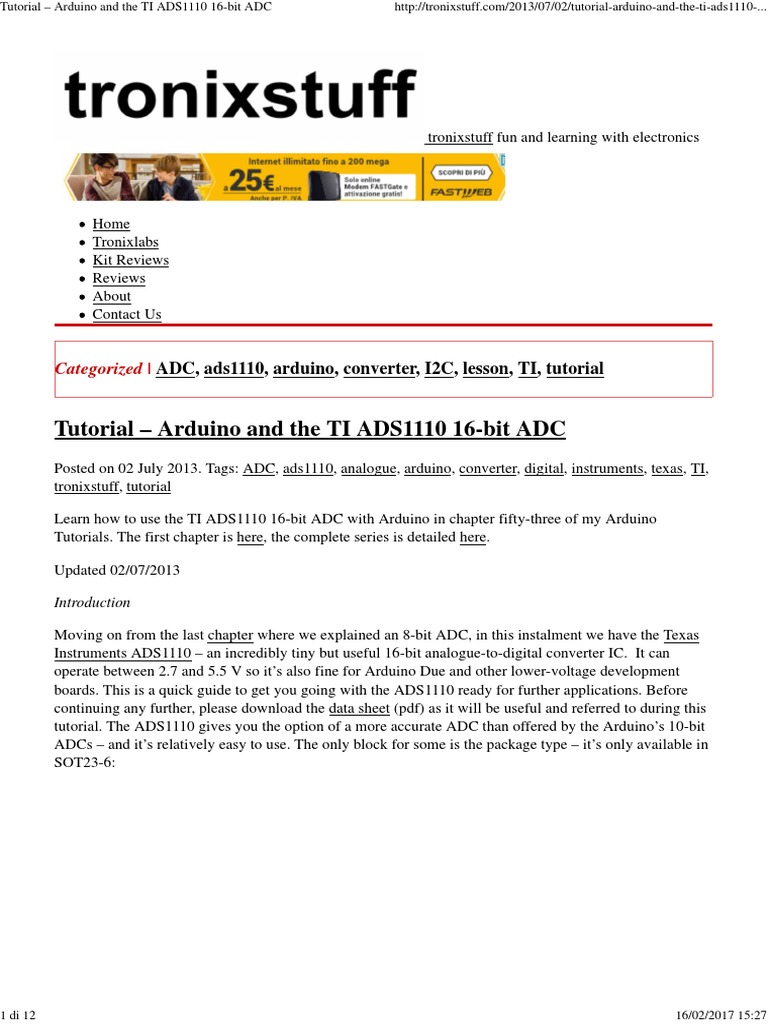 Tutorial Arduino And The Ti Ads1110 16 Bit Adc Pdf Analog To