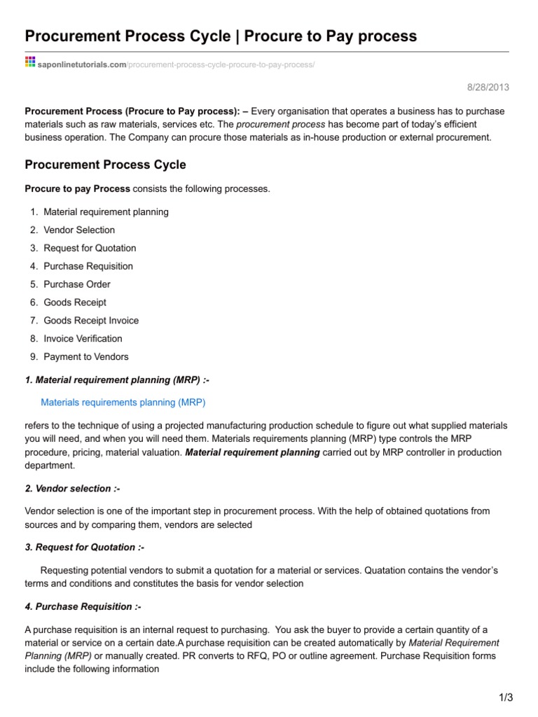 Procure to Pay Process Overview | PDF | Procurement | Invoice