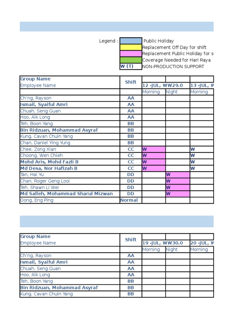 Legend: Public Holiday Replacement Off Day For Shift Replacement Public ...