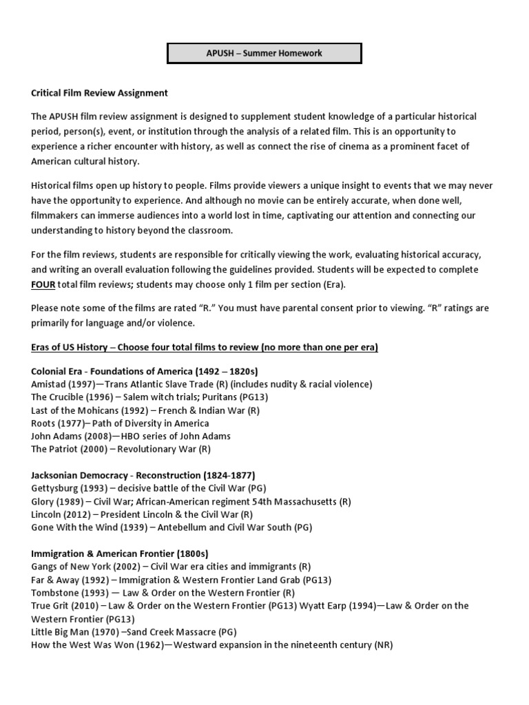 2015 Apush Summer Homework - Critical Film Review Assignment | PDF ...
