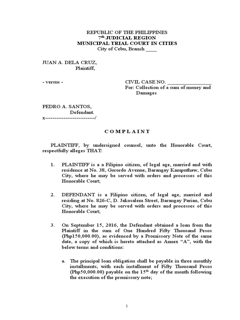Sample Complaint For Collection of Sum of Money and Damages | PDF ...