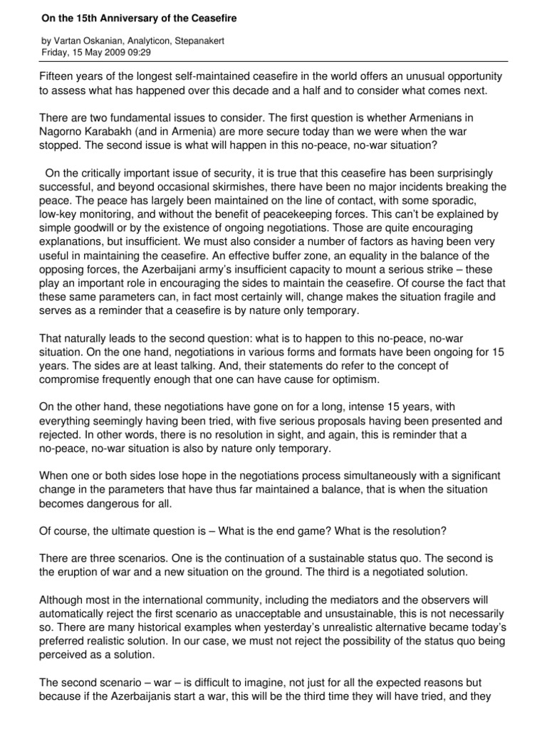 On The 15th Anniversary of The Ceasefire | PDF | Negotiation | Armenia