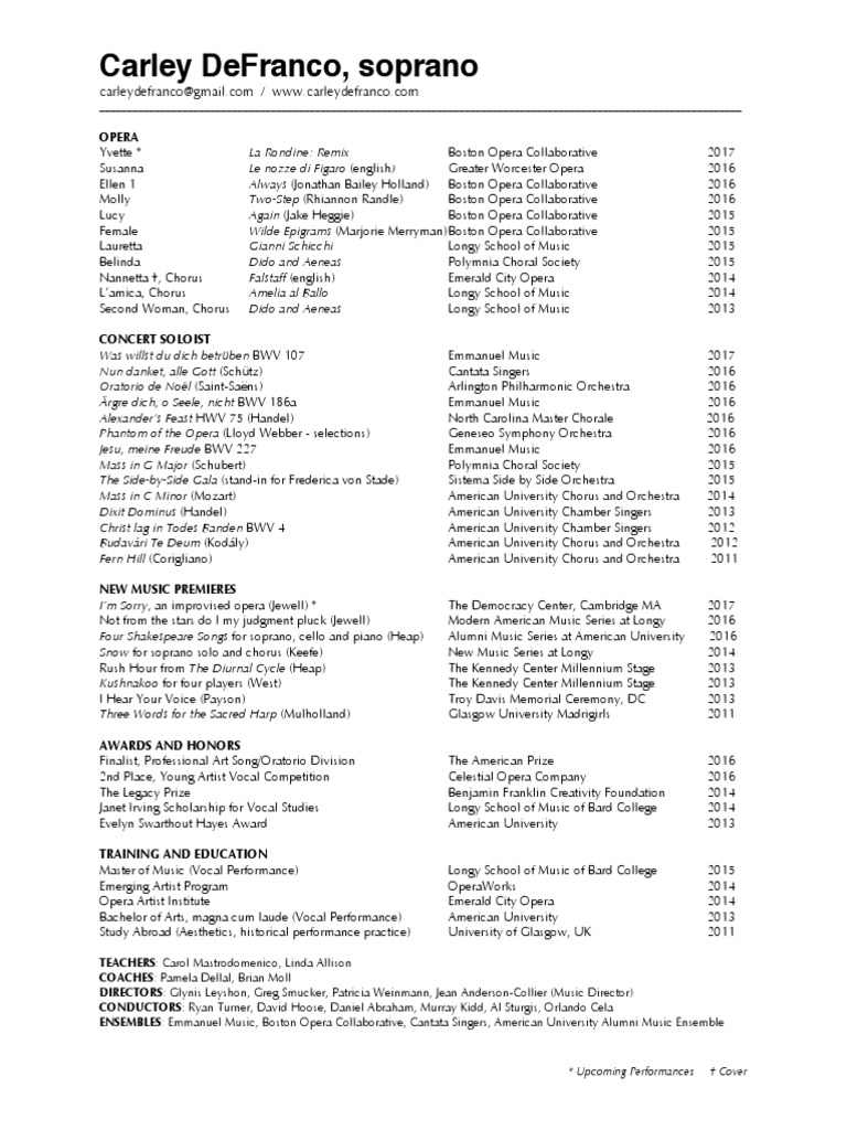 Carley DeFranco Resume Opera January2017 | PDF | Choir | Opera