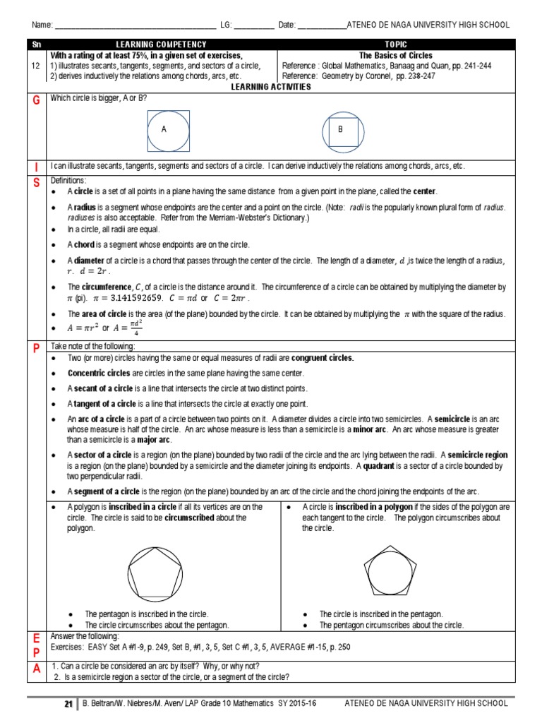 2nd Term Lap 2015 16 Unit On Circles | PDF | Triangle | Circle