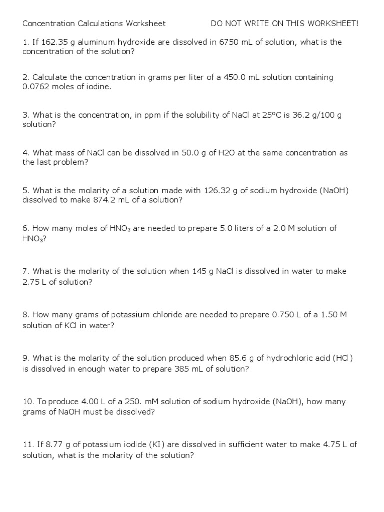 Concentration Calculations Worksheet | PDF | Cooking, Food & Wine