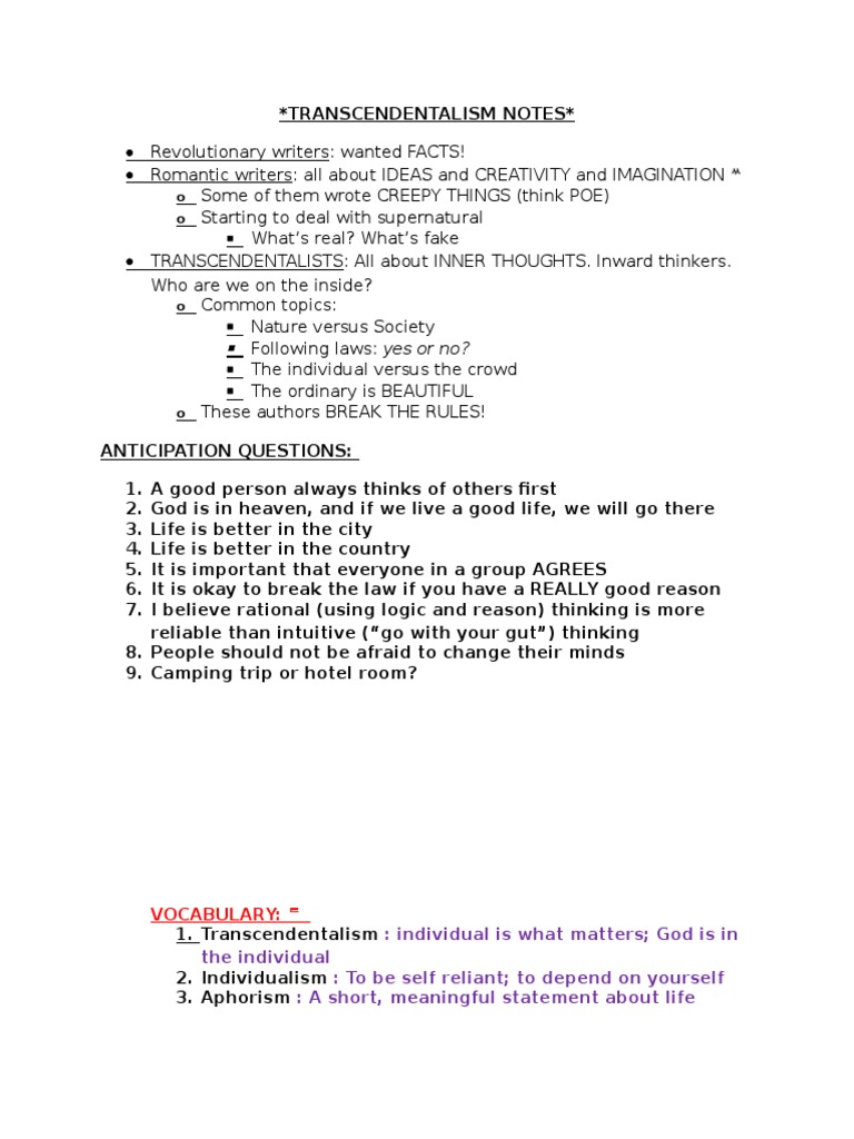 Transcendentalism Notes | PDF | Civil Disobedience (Thoreau) | Henry ...