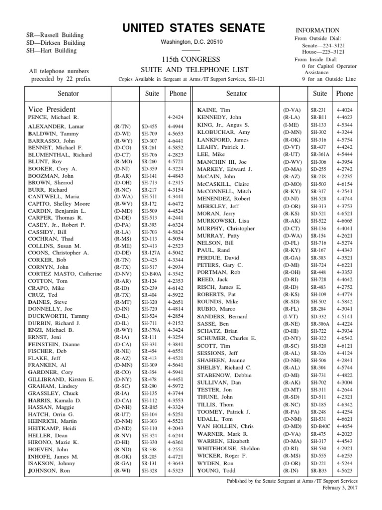 U.S. Senators Phone Directory 2017 | PDF | United States Senate ...
