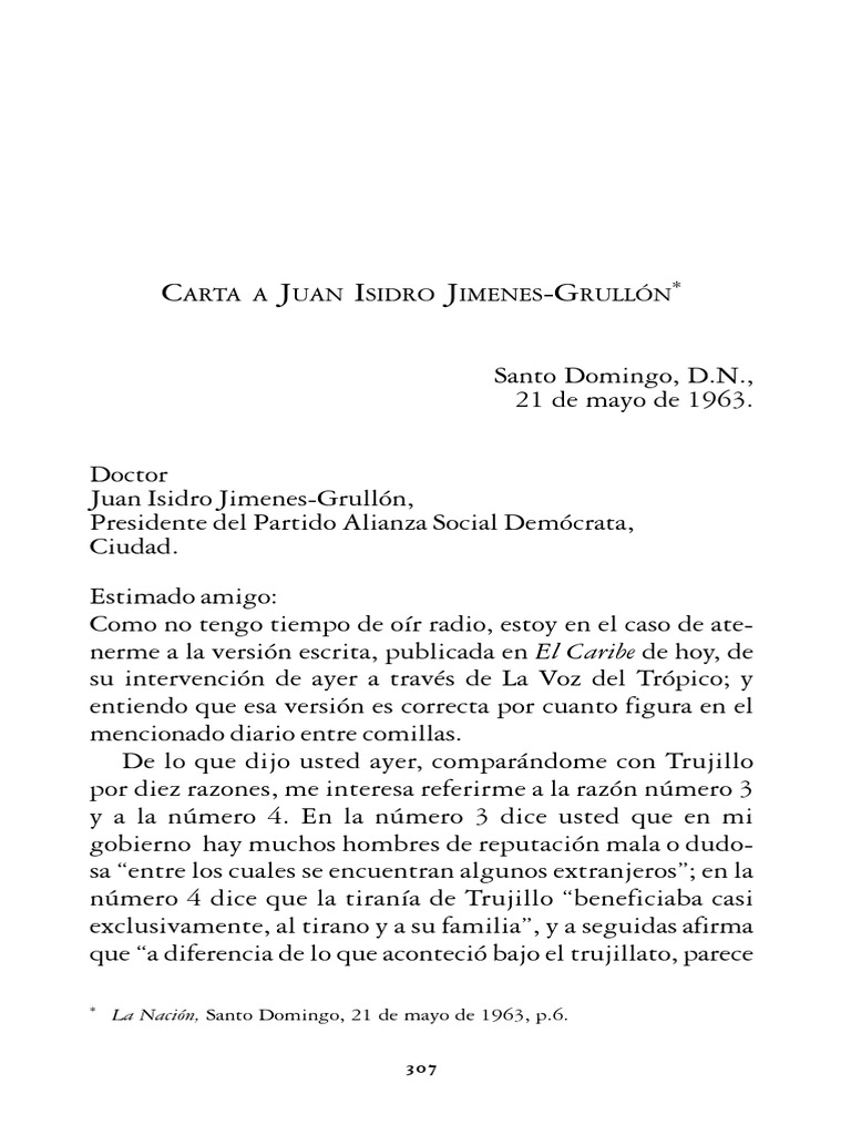Carta A Juan Isidro Jimenes-Grullón | PDF | República Dominicana | Gobierno