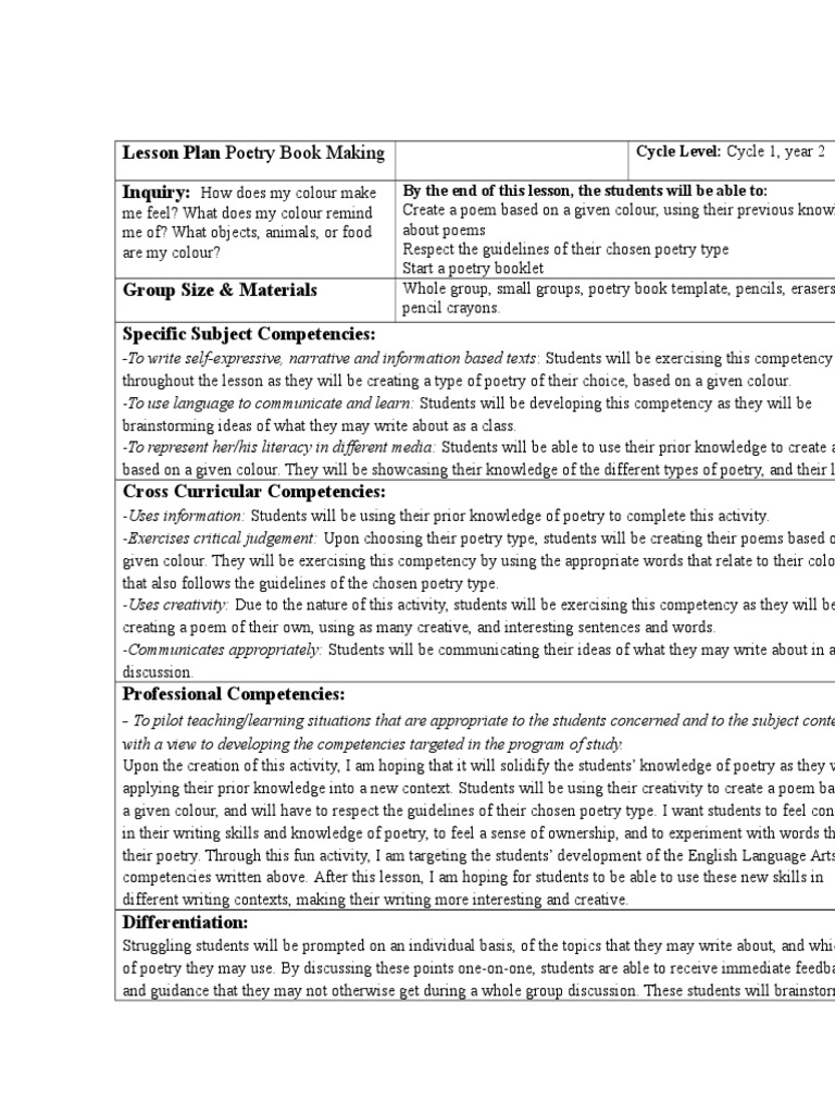 Poetry Booklet Lesson Plan for Kids | PDF | Poetry | Creativity