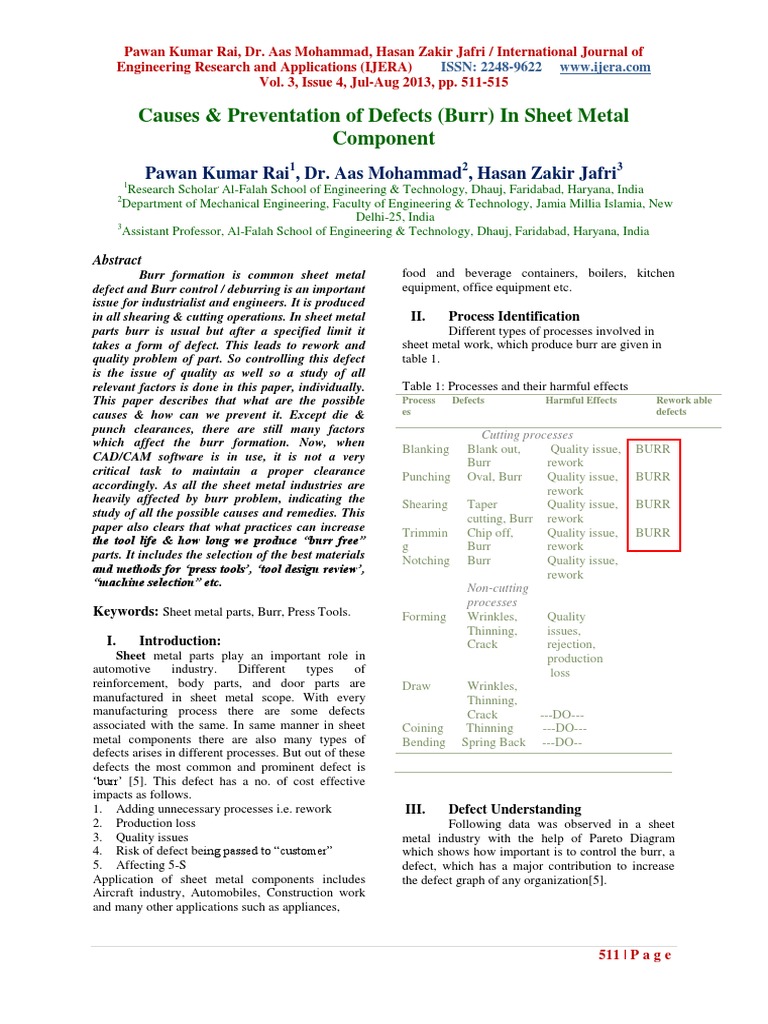 Burr Defects in Sheet Metal: Causes & Prevention | PDF