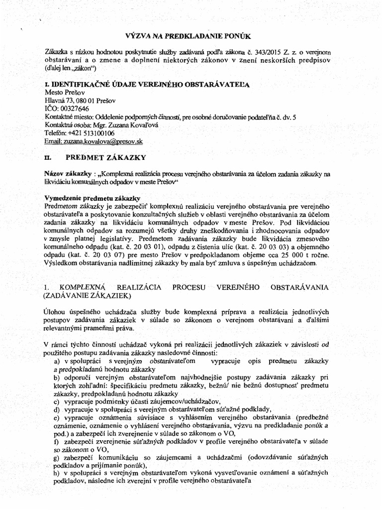 Vyzva Na Predkladanie Ponuk Vo - odpad prešov