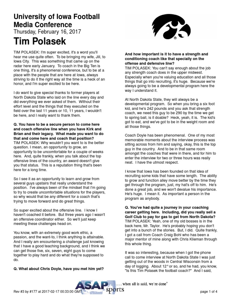Tim Polasek: University of Iowa Football Media Conference | PDF ...