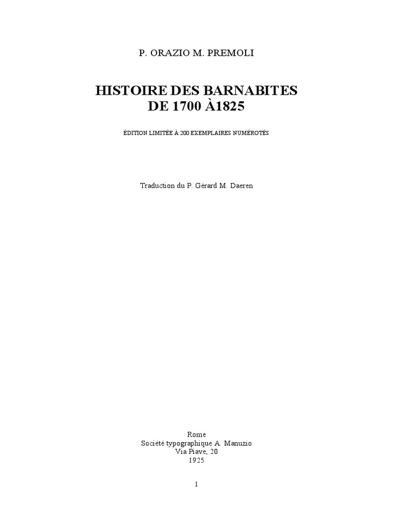 Histoire Des Barnabites de 1700 À1825 - P. Orazio M. Premoli | PDF ...