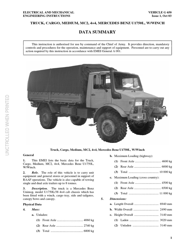 G650 Unimog UL1750 RAAF Data Summary 0 | PDF | Manual Transmission ...