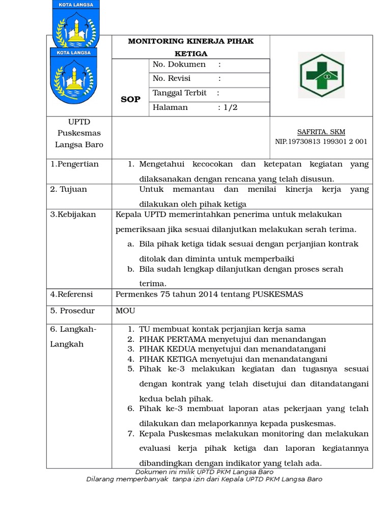 Sop Monitoring Kinerja Pihak Ketiga | PDF