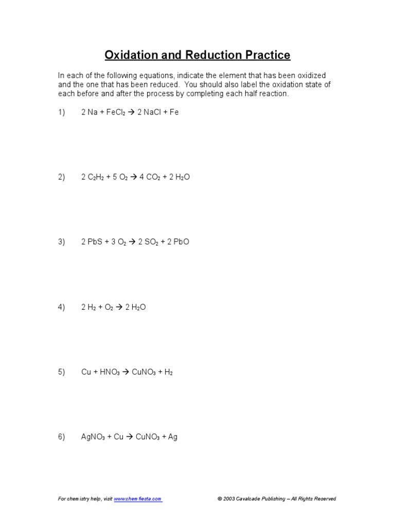 Redox Reactions Worksheets | PDF