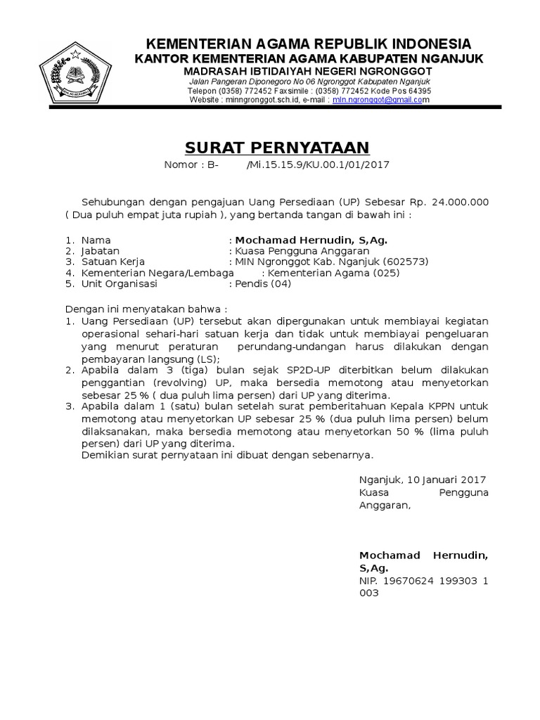 Surat Pernyataan Up Pertama | PDF
