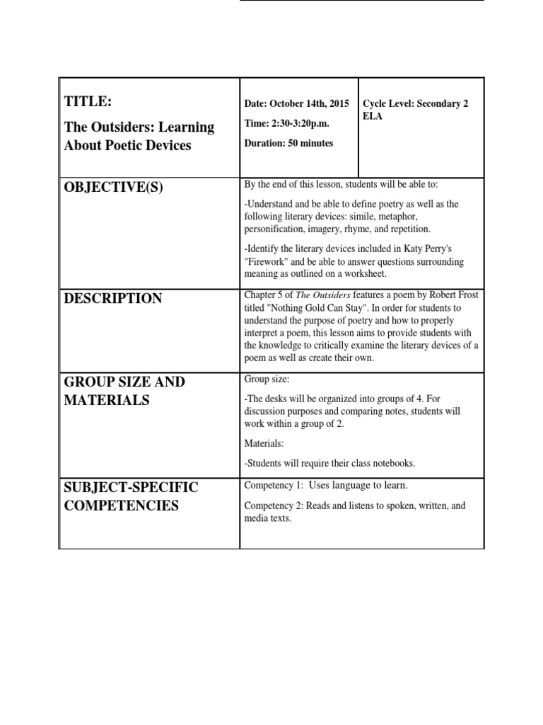 Poetic Devices in "The Outsiders" Lesson | PDF | Competence (Human ...