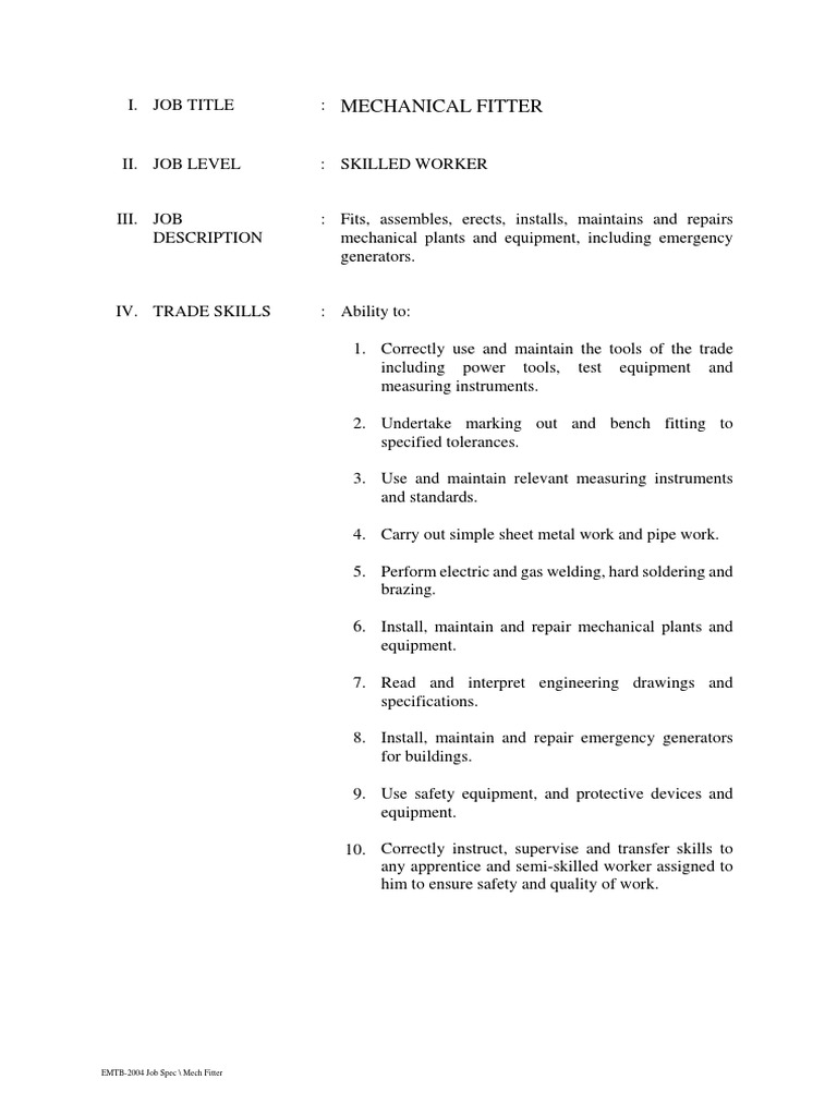 Mechanical Fitter: EMTB-2004 Job Spec / Mech Fitter | PDF ...