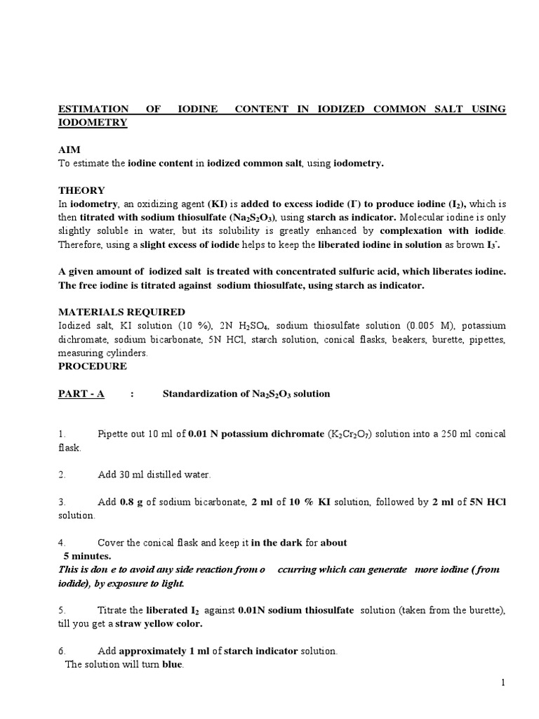 Estimation of Iodine Content in Iodized Common Salt | Titration ...