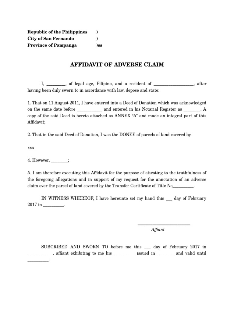 Affidavit of Adverse Claim Template | PDF