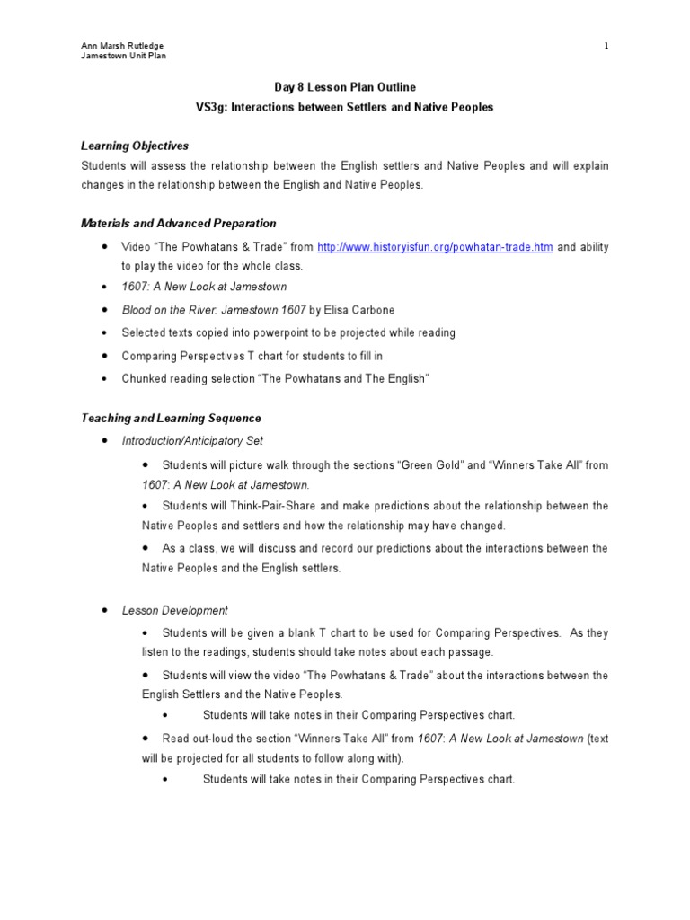 Jamestown Settlers and Native Peoples Lesson | PDF | Jamestown ...