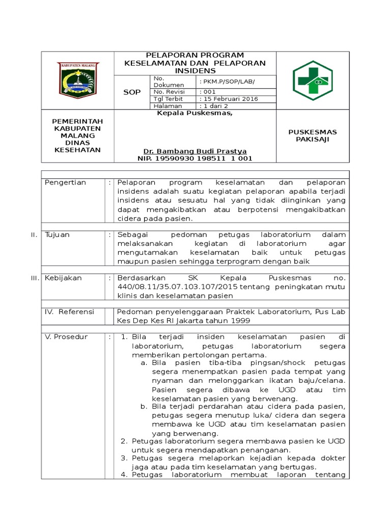 SOP Pelaporan Program Keselamatan Dan KTD | PDF