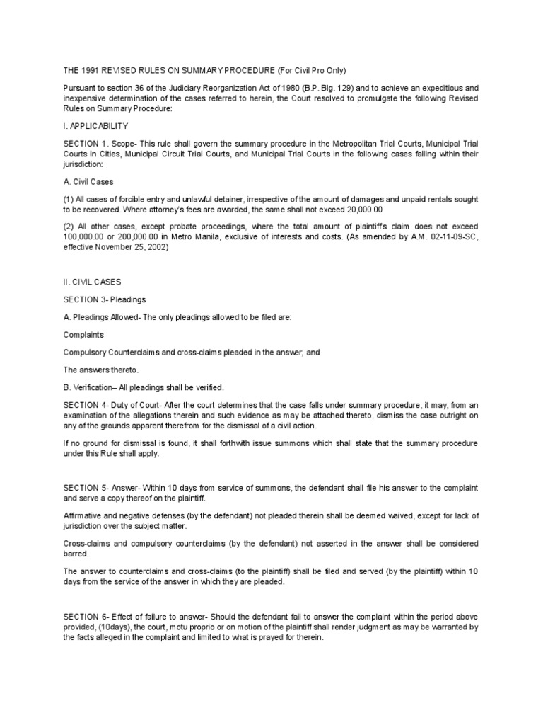 The 1991 Revised Rules On Summary Procedure | PDF | Pleading | Lawsuit