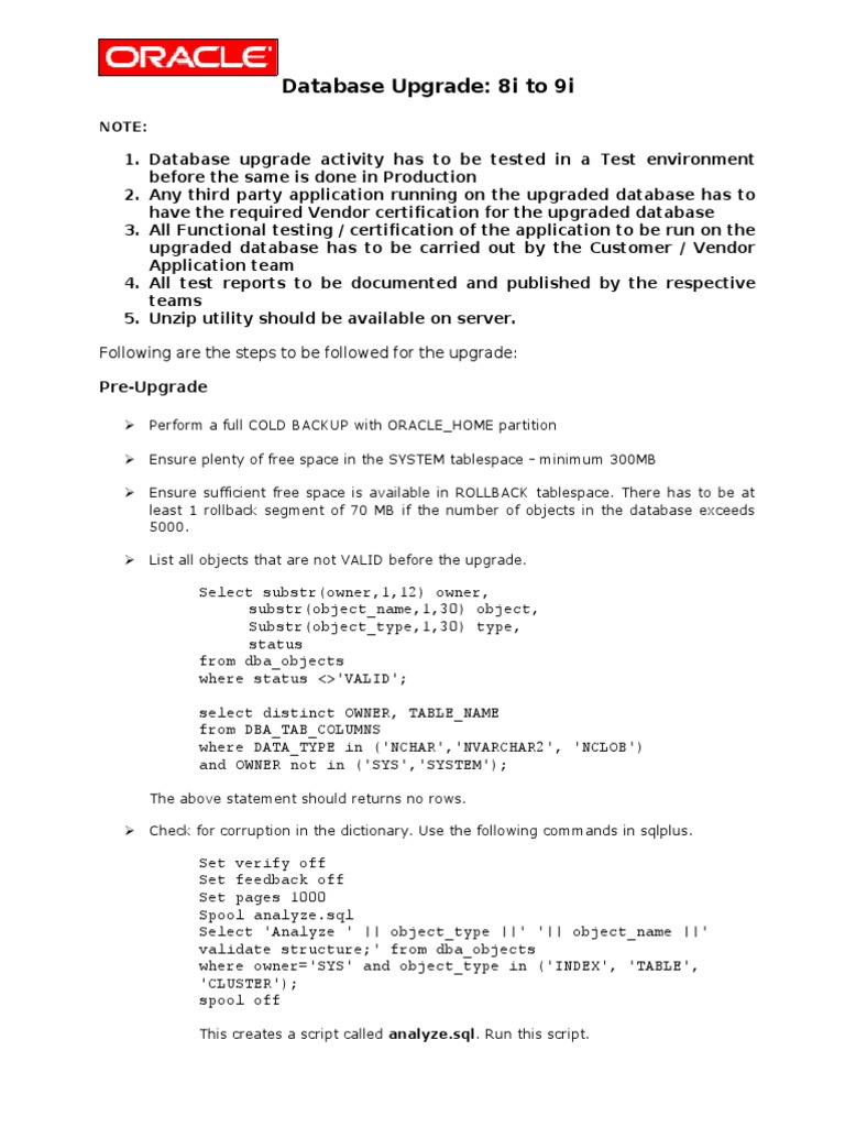 Database Upgrade: 8i To 9i | PDF | Oracle Database | Parameter (Computer Programming)