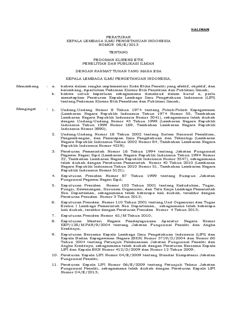 Perka LIPI No. 8 Tahun 2013 Tentang Pedoman Klirens Etik Penelitian Dan ...