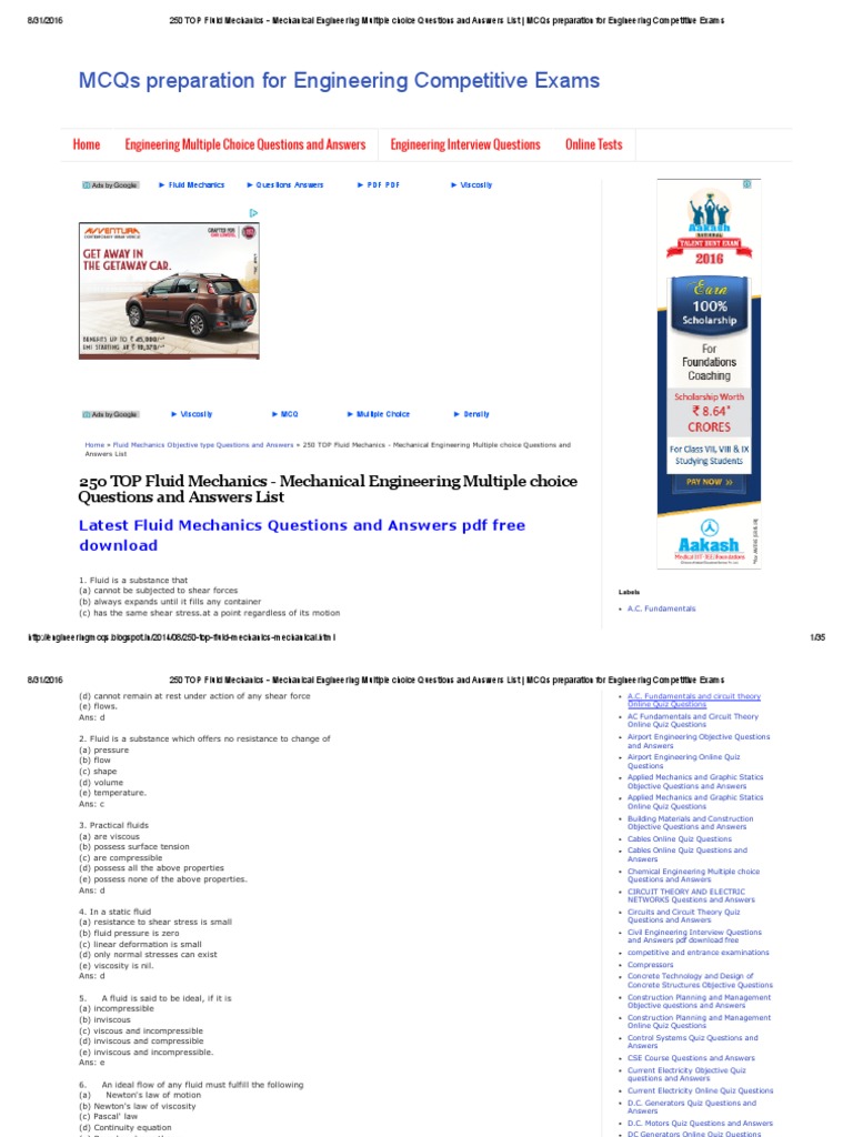250 TOP Fluid Mechanics - Mechanical Engineering Multiple Choice ...